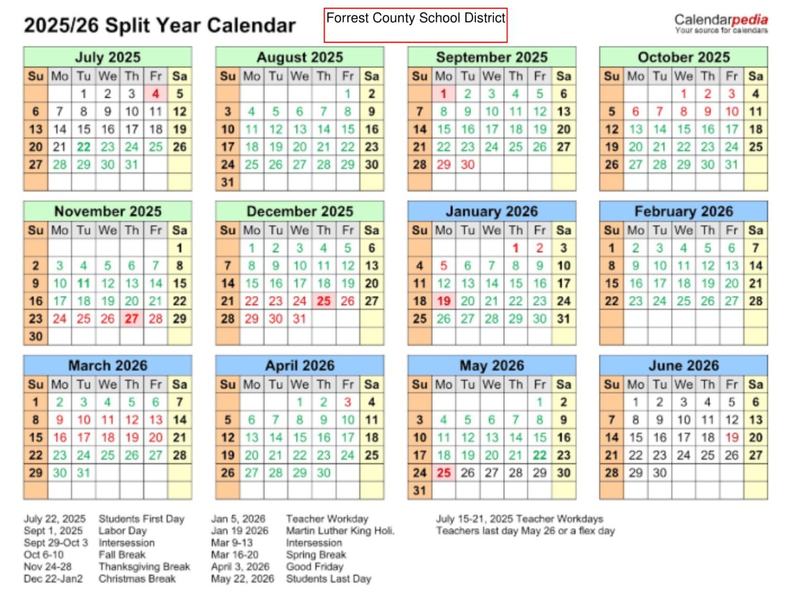 Forrest County School District MS Calendar 25-26 Revised [pdf] - EduCounty