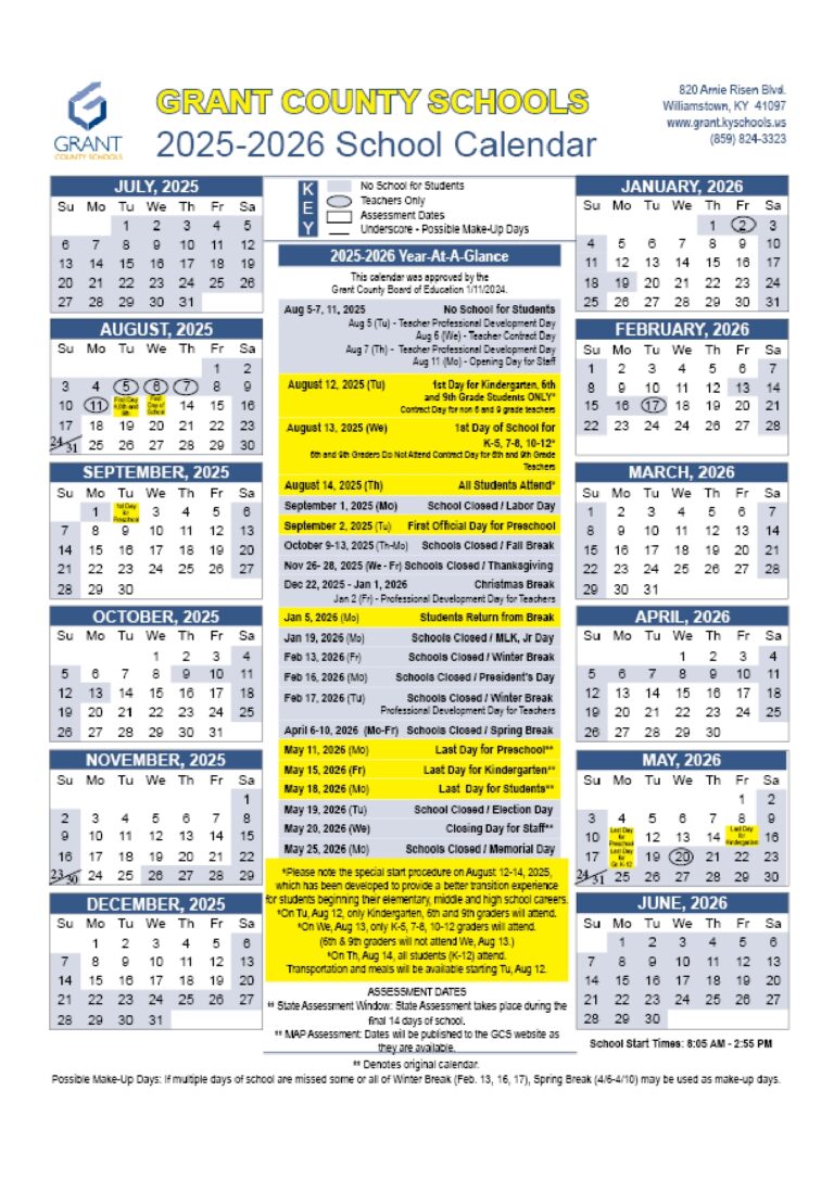 Grant County Schools ky Calendar 25-26 Revised [PDF] - EduCounty