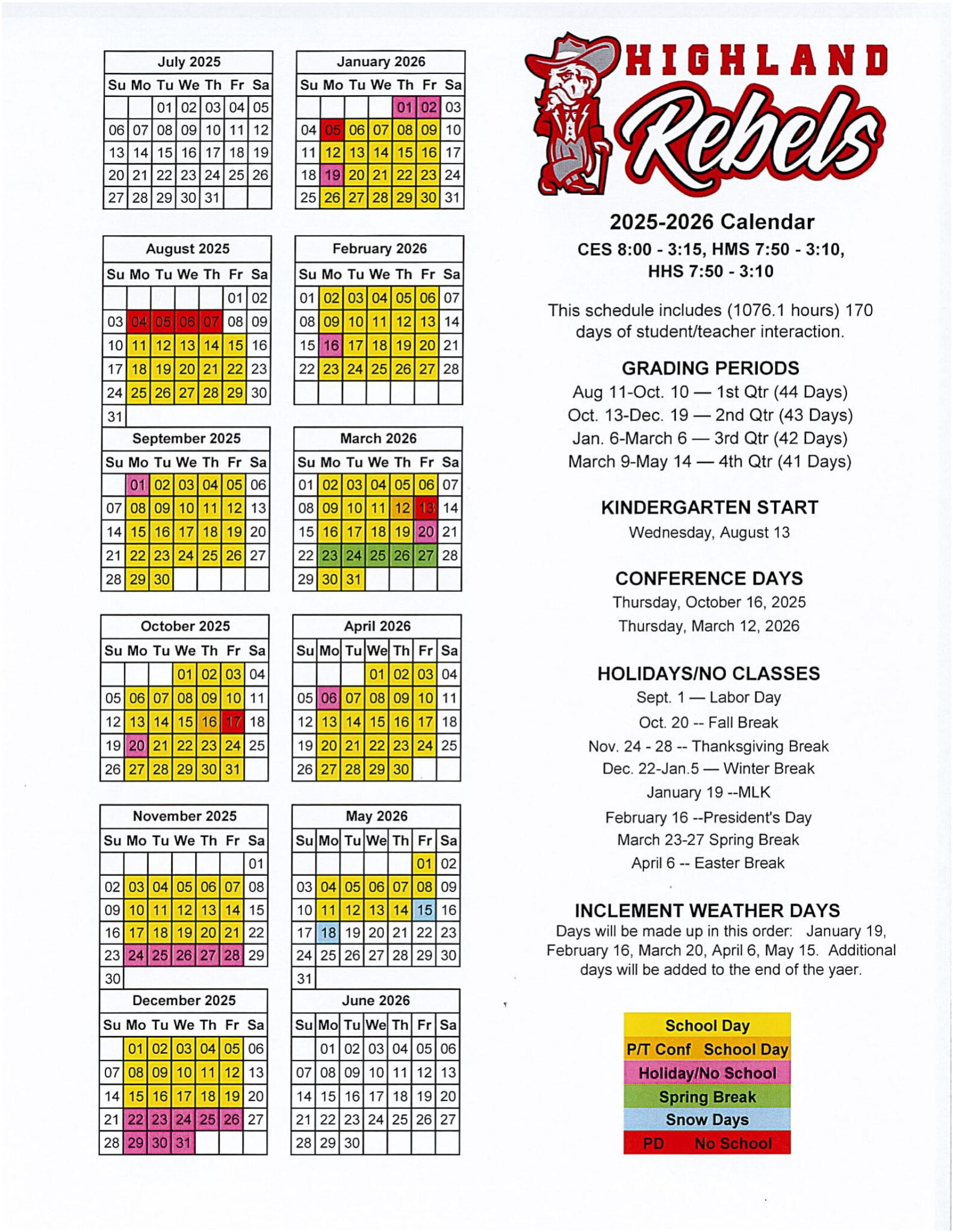 Highland School District Calendar 25-26 Revised [pdf] - EduCounty