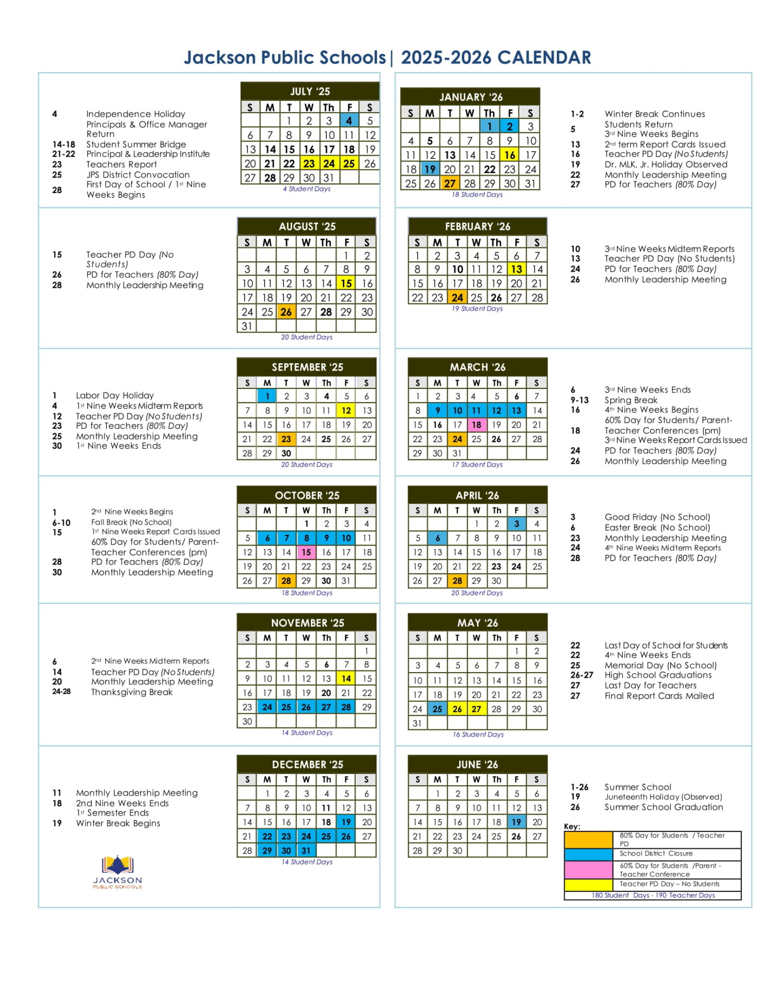Jackson Public School District MS Calendar 25-26 Revised [pdf] - EduCounty