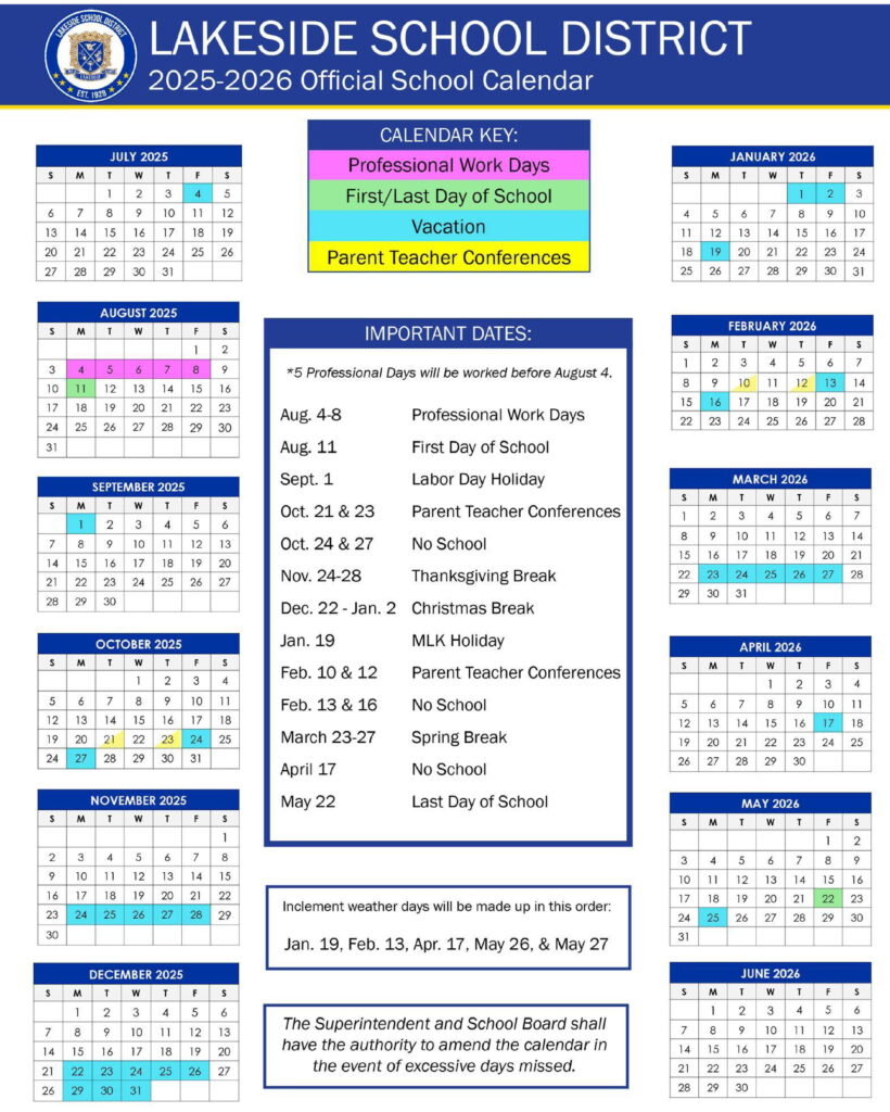 LAKESIDE SCHOOL DISTRICT AR Calendar 25-26 Revised [pdf] - EduCounty