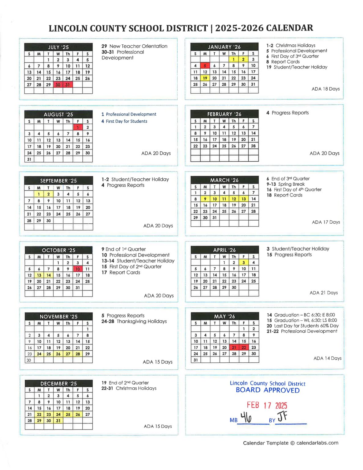 Lincoln County School District MS Calendar 25-26 Revised [pdf] - EduCounty