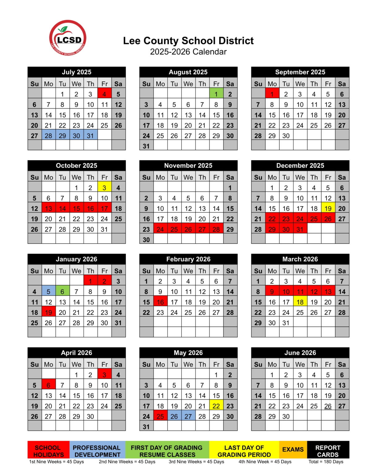 Lee County School District ms Calendar 25-26 Revised [pdf] - EduCounty