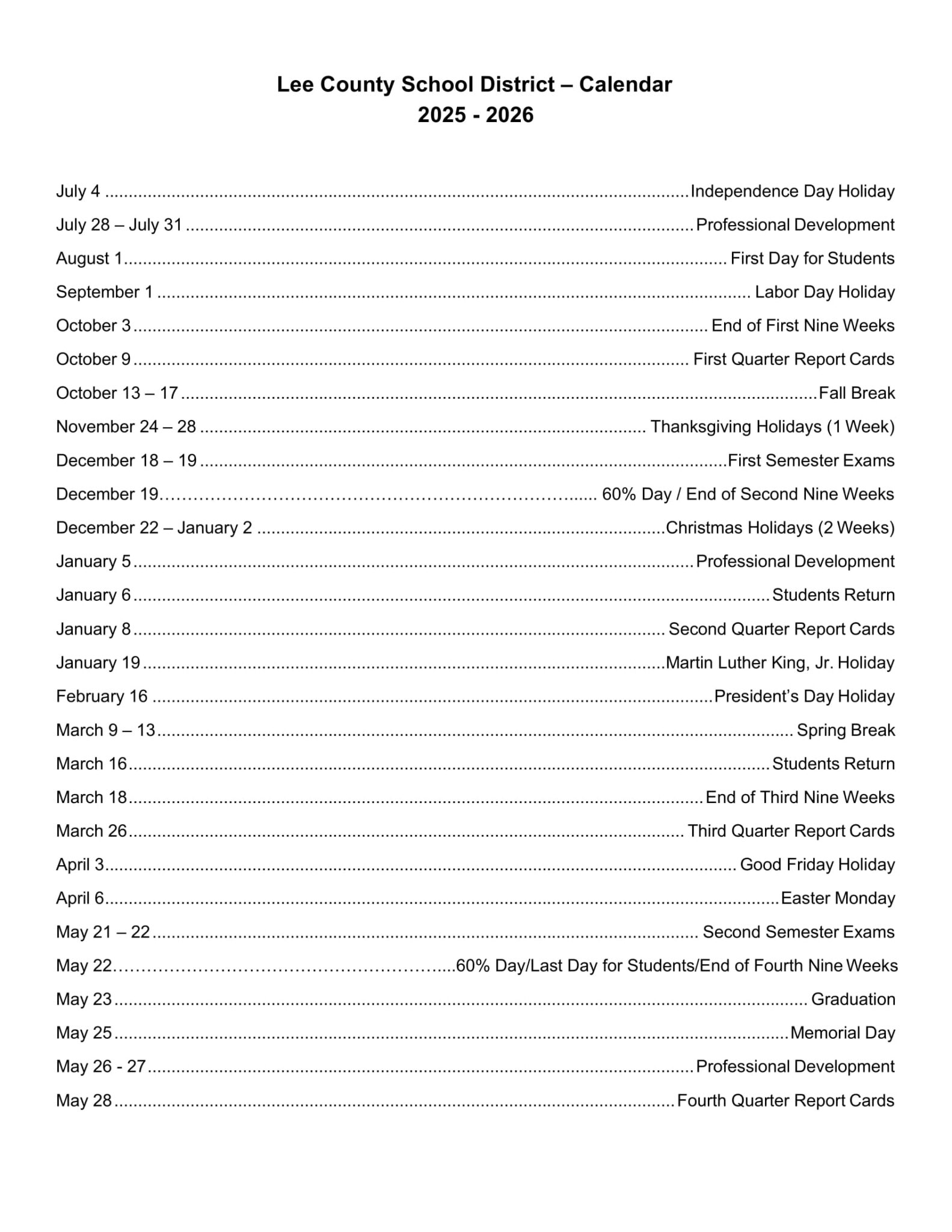 Lee County School District ms Calendar 25-26 Revised [pdf] - EduCounty