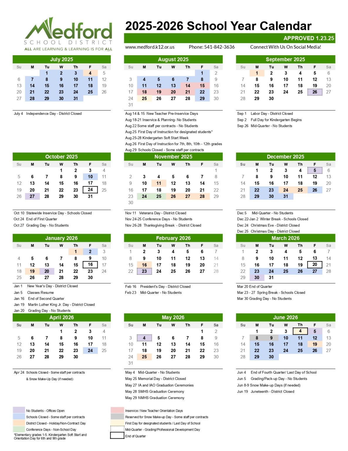 Medford School District OR Calendar 25-26 Revised [pdf] - EduCounty