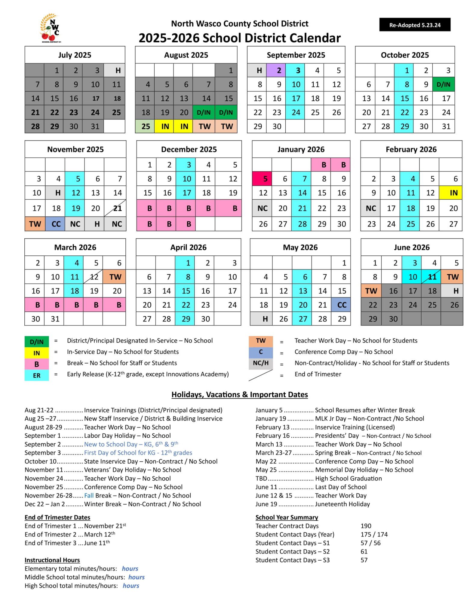 North Wasco county OR Calendar 25-26 Revised [PDF] - EduCounty