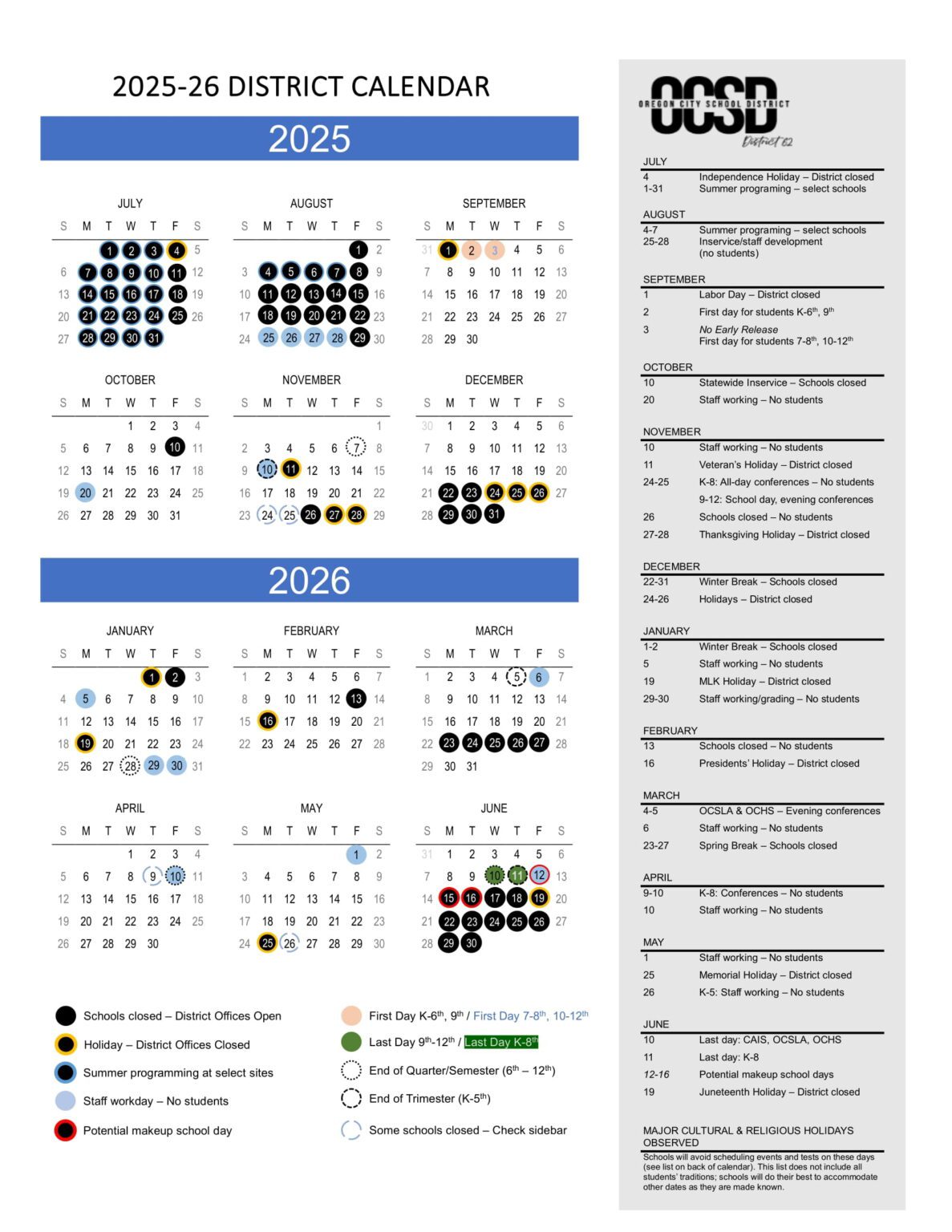 OREGON CITY SCHOOL DISTRICT OCSD Calendar 25-26 Revised [PDF] - EduCounty