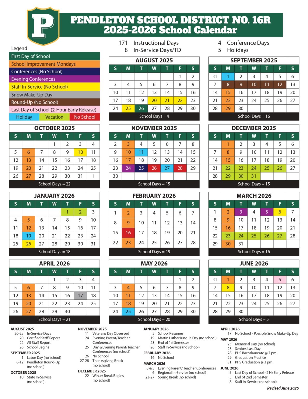 Pendleton school OR Calendar 25-26 Revised [pdf] - EduCounty