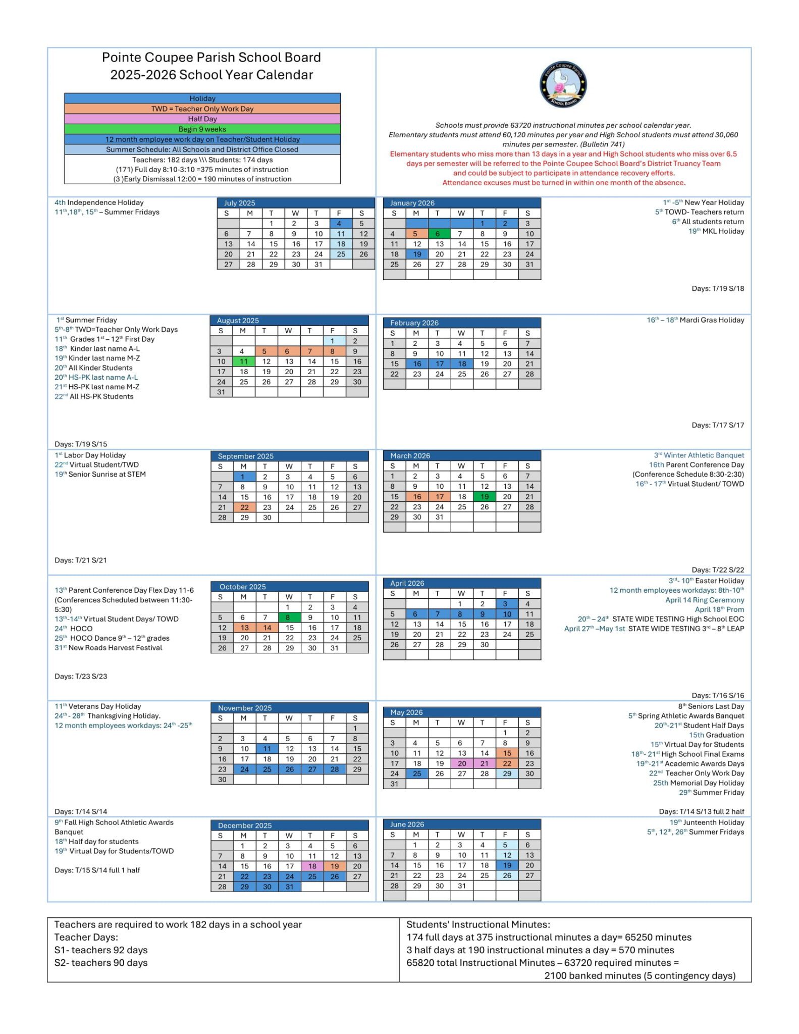 Pointe Coupee Parish School Calendar 25-26 Revised [PDF] - EduCounty