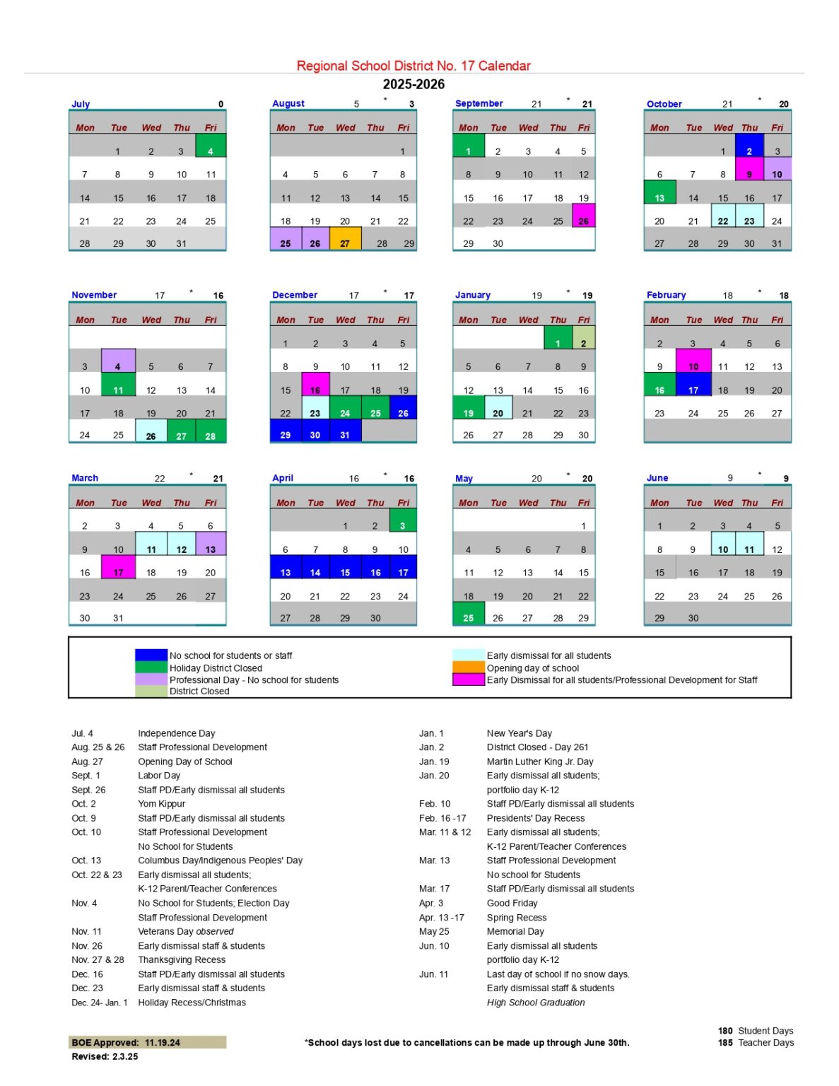 Regional School District 17 Calendar 25-26 Revised [pdf] - EduCounty