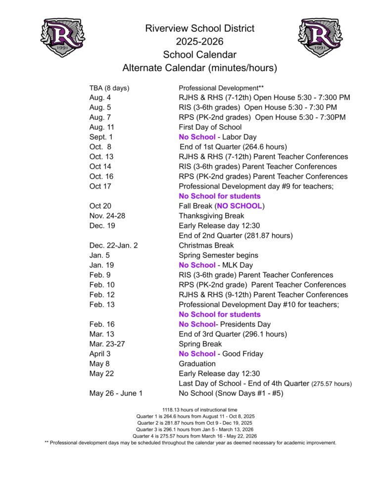 Riverview School District AR Calendar 25-26 Revised [pdf] - EduCounty