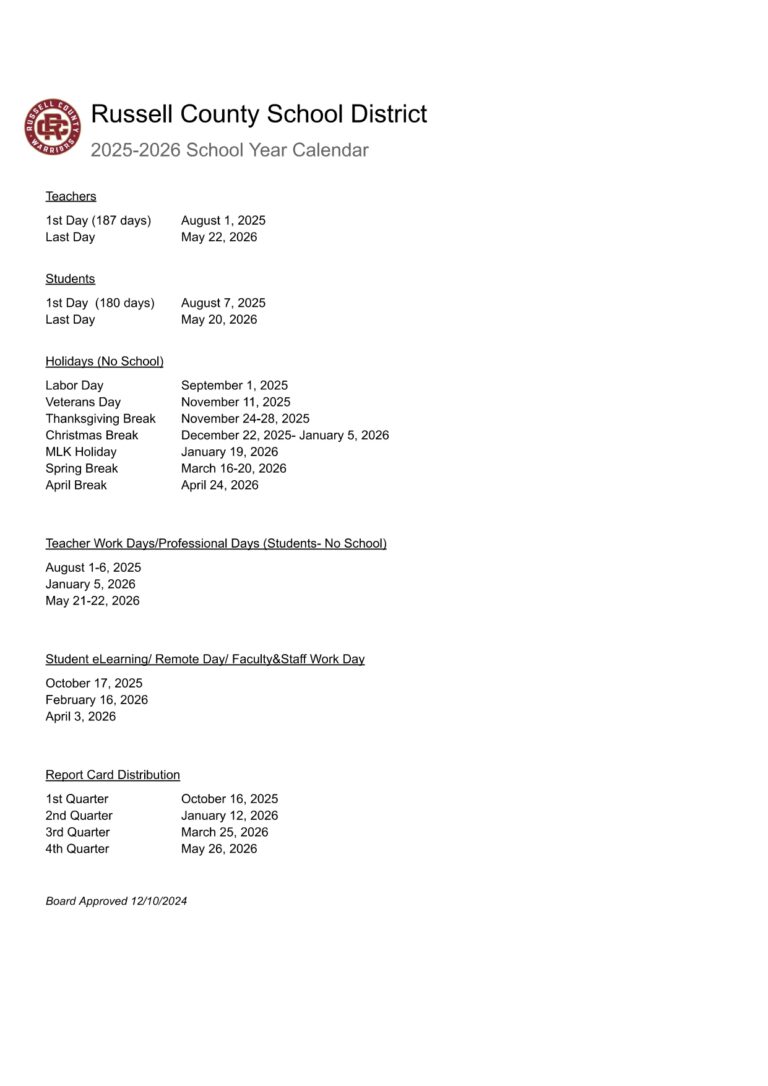 Russell County School District AL Calendar 25-26 Revised [pdf] - EduCounty