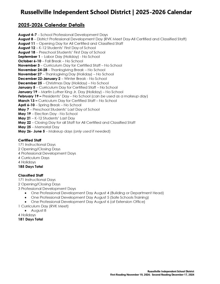 Russellville Independent School District KY 25-26 Calendar Revised [PDF ...