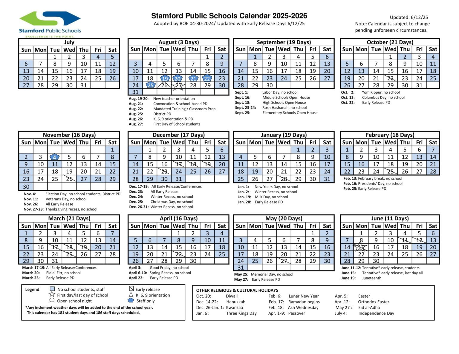 Stamford Public Schools CT Calendar 25-26 Revised [pdf] - EduCounty
