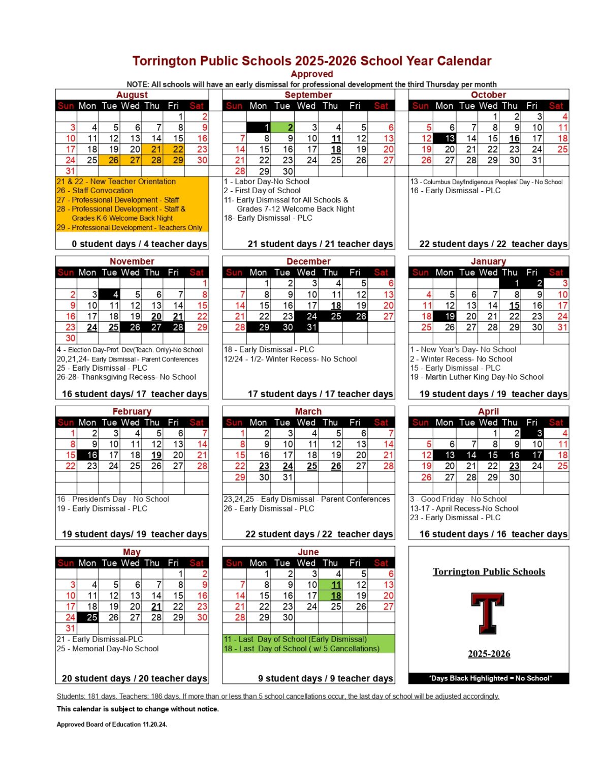 Torrington Public Schools 25-26 Calendar Revised [pdf] - EduCounty