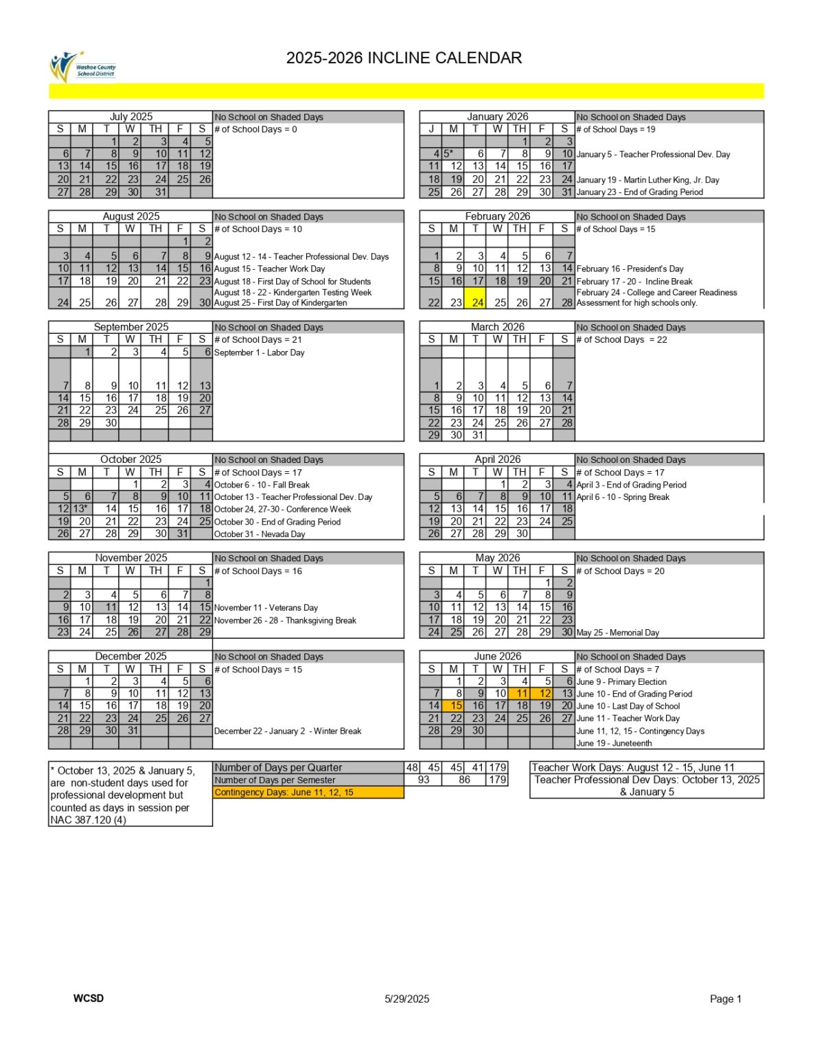 Washoe County School District NV Calendar 25-26 Revised [pdf] - EduCounty
