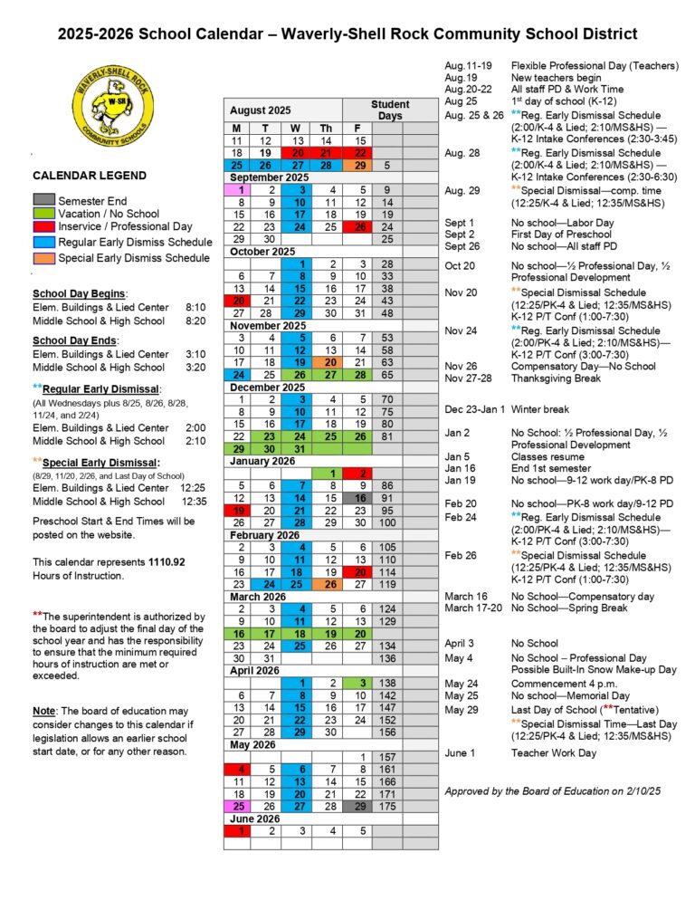 Waverly-Shell Rock Community Schools IA Calendar 25-26 Revised [pdf ...