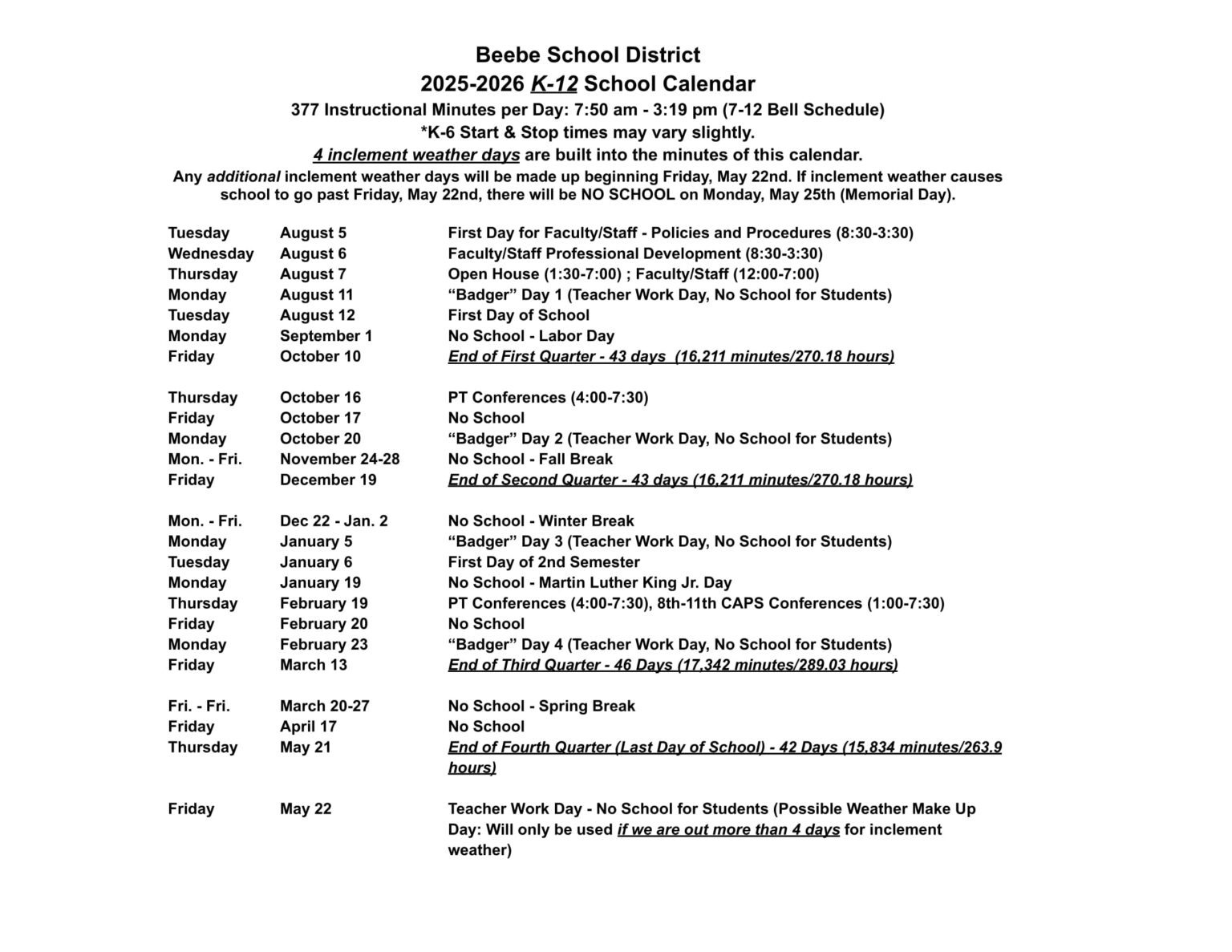 Beebe School District AR Calendar 25-26 Revised [pdf] - EduCounty
