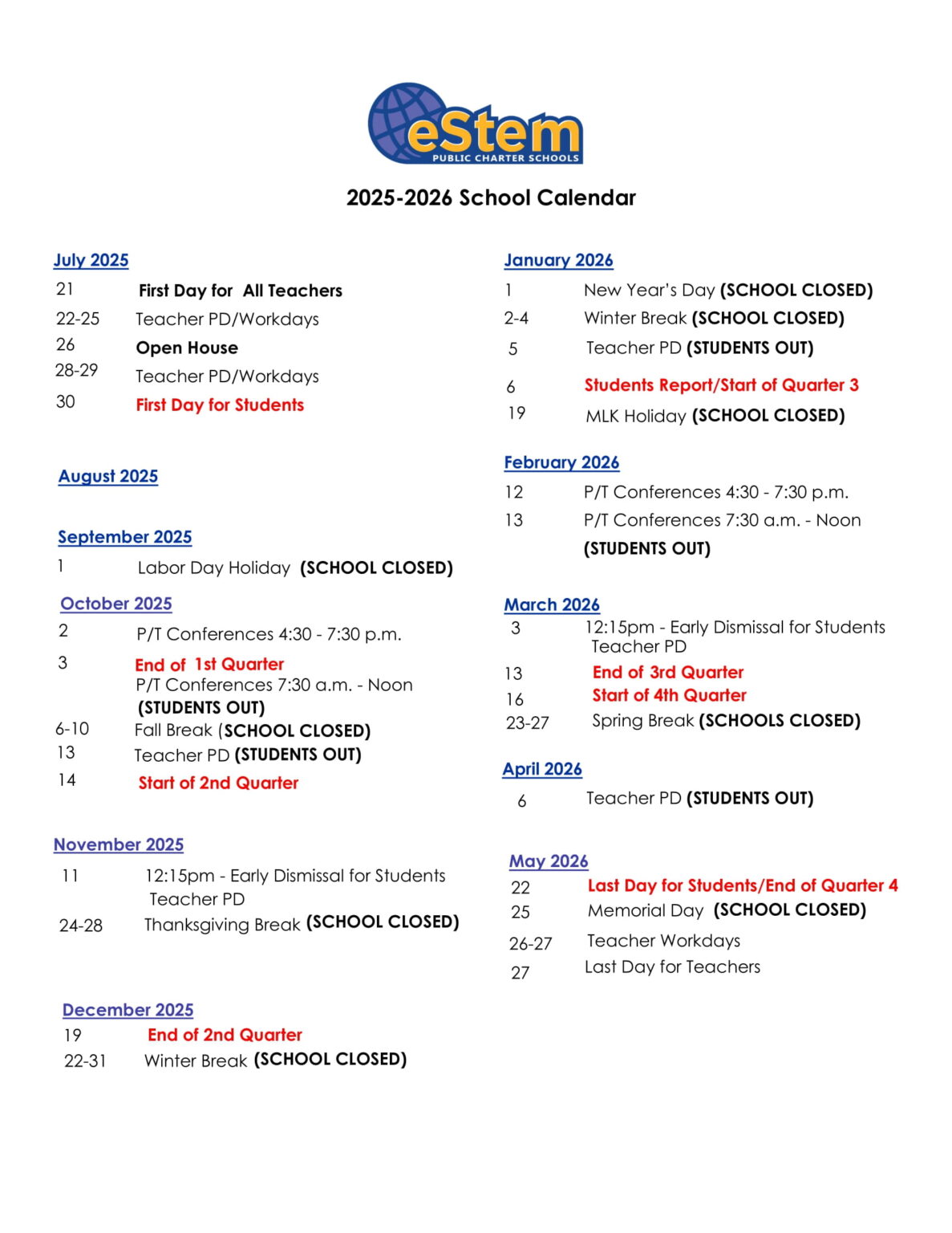 eStem PCS School Calendar 25-26 Revised [pdf] - EduCounty
