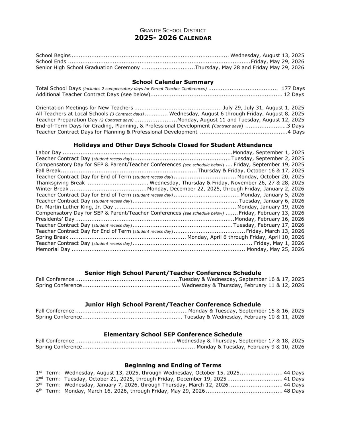 Granite School District UT Calendar 25-26 Revised [pdf] - EduCounty