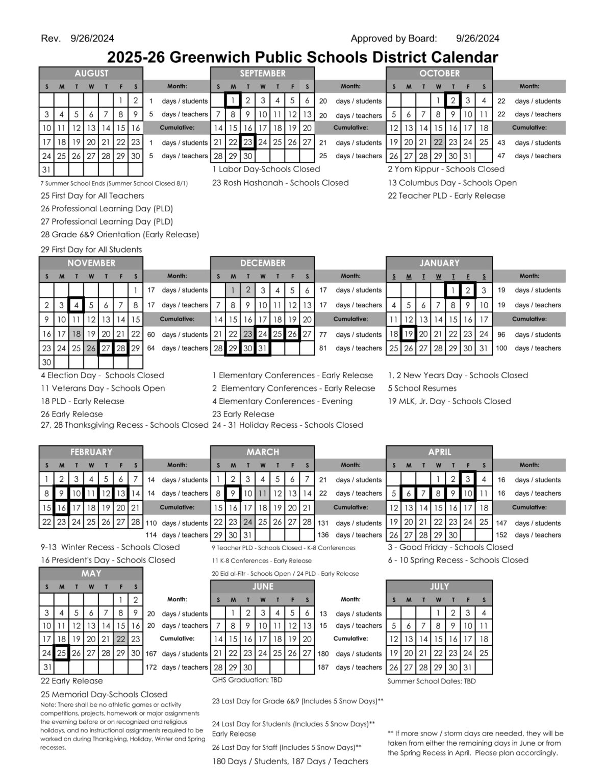Greenwich Public Schools CT Calendar 25-26 Revised [pdf] - EduCounty