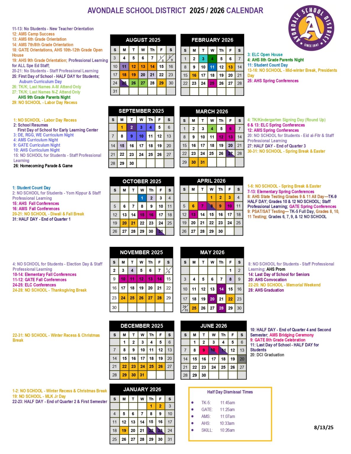 Avondale School District Calendar 25-26 Revised [pdf] - EduCounty
