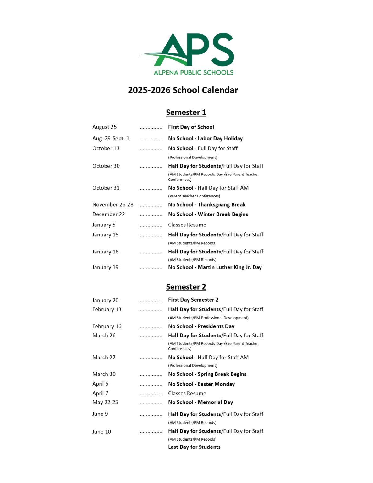 Alpena Public Schools School Calendar 25-26 pdf - EduCounty