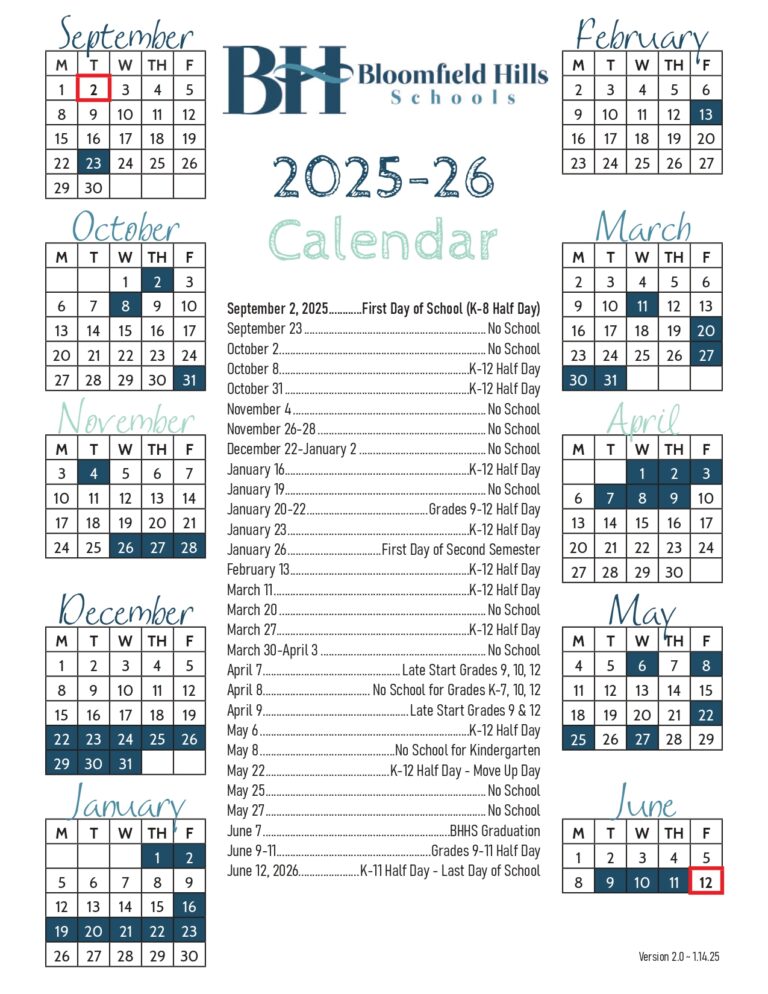 Bloomfield Hills Schools MI Calendar 25-26 Revised [pdf] - EduCounty