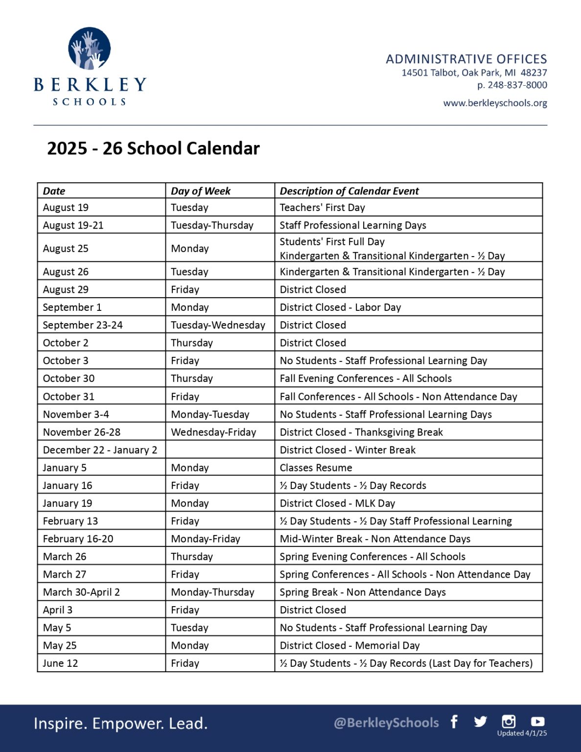 Berkley Schools 25-26 Calendar MI Revised [pdf] - EduCounty