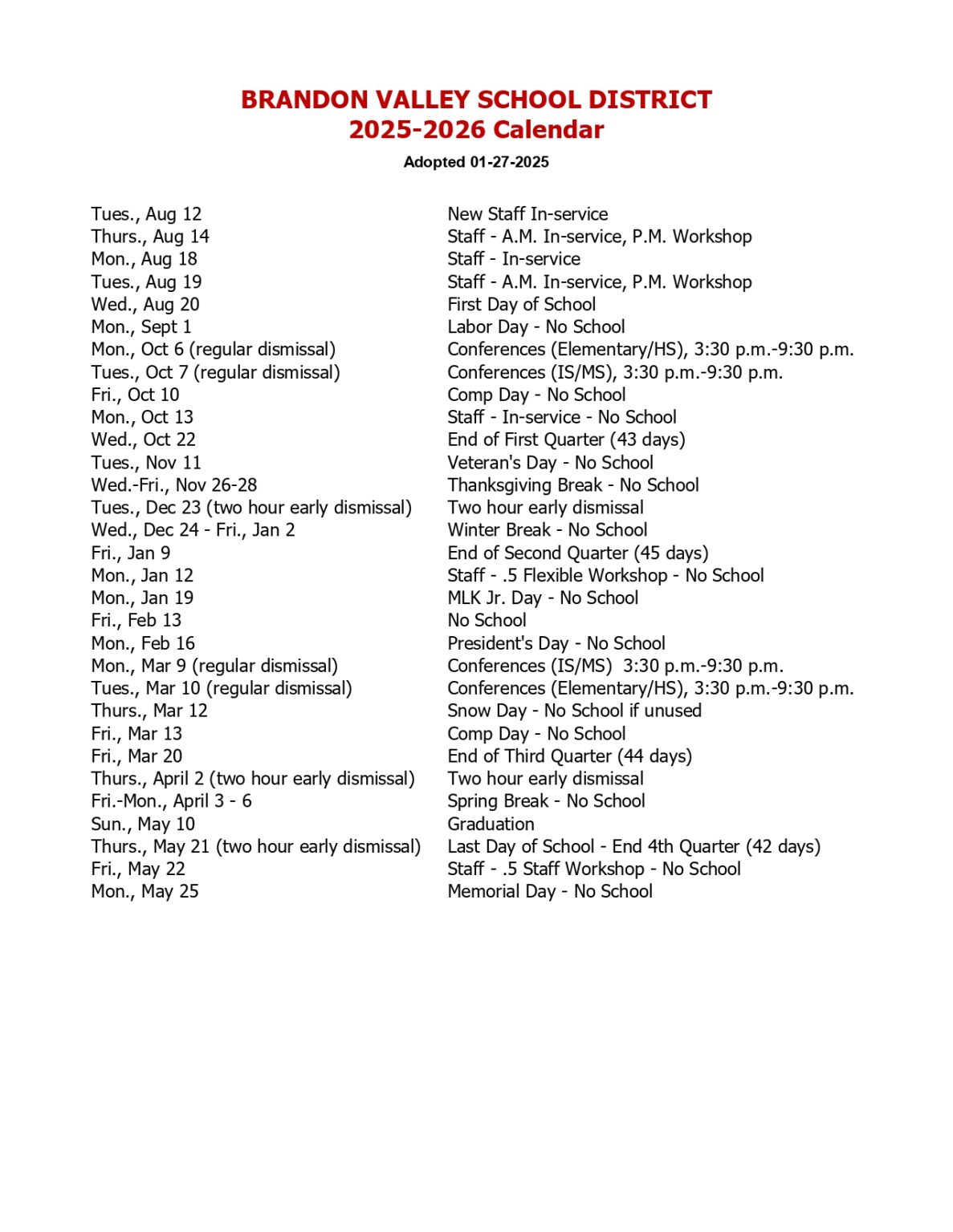 Brandon Valley School District SD Calendar 25-26 Revised [pdf] - EduCounty