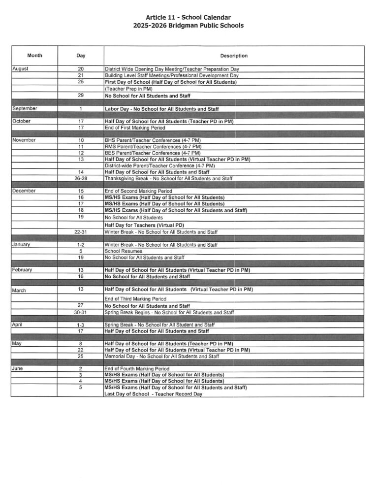 Bridgman Public Schools MI Calendar 25-26 Revised [pdf] - EduCounty