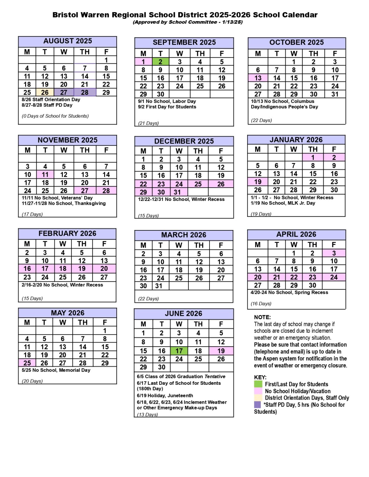 Bristol-Warren Regional School District RI Calendar 25-26 Revised [pdf ...