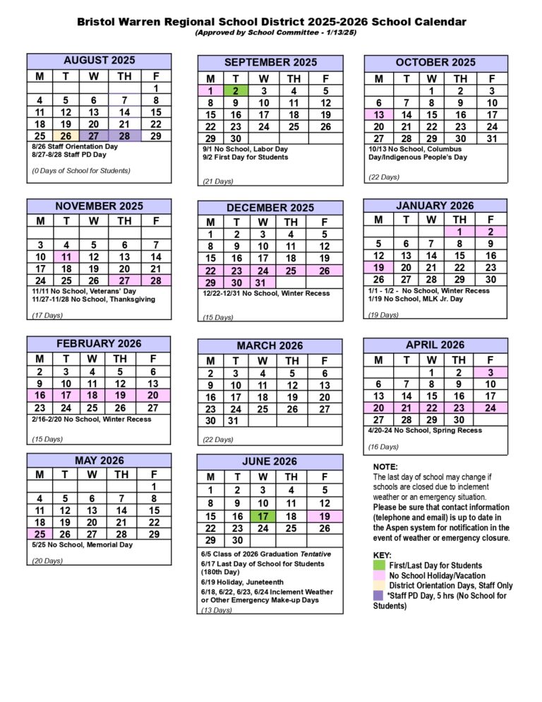 Bristol-Warren Regional School District RI Calendar 25-26 Revised [pdf ...