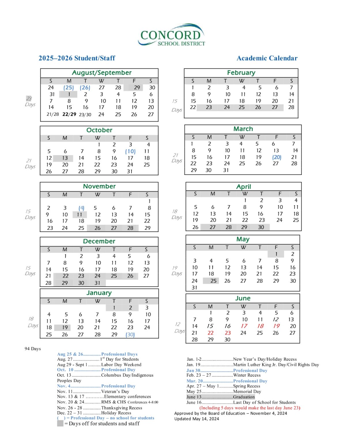 CONCORD SCHOOL DISTRICT nh Calendar 25-26 Revised [pdf] - EduCounty