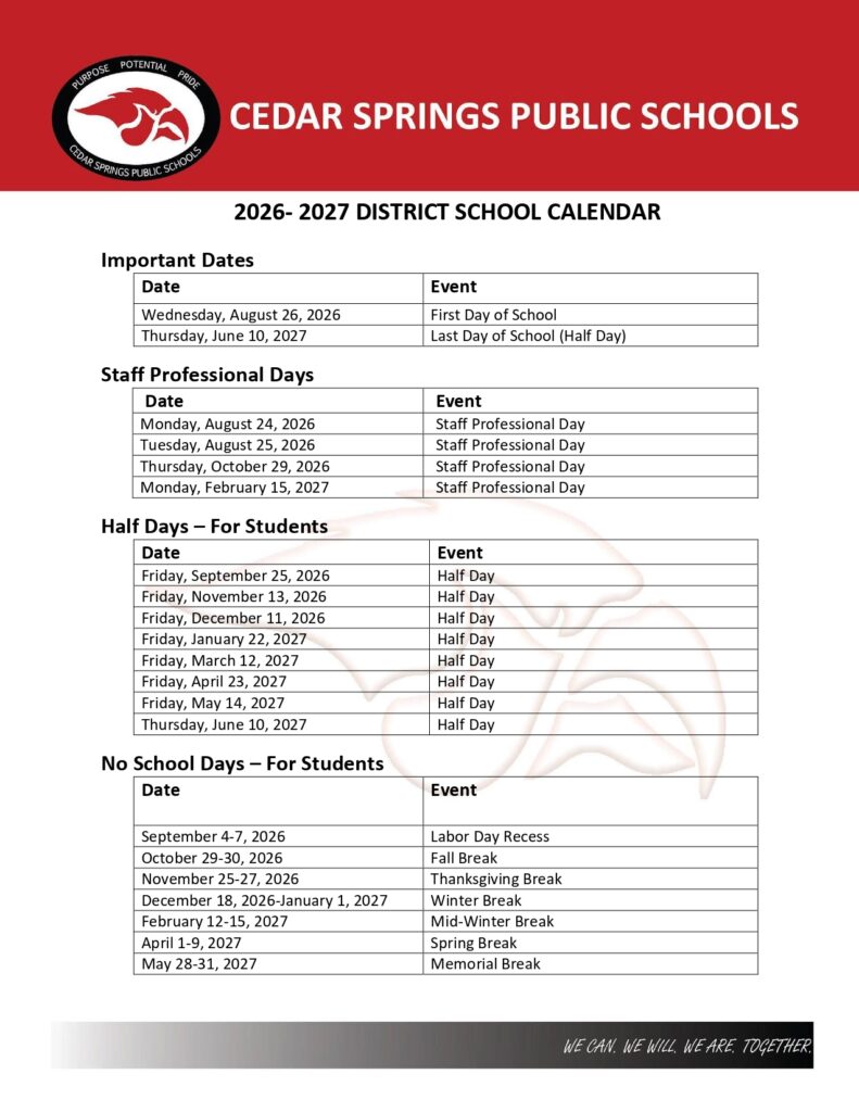 Cedar Springs Public Schools MI Calendar 25-26 Revised [pdf] - EduCounty
