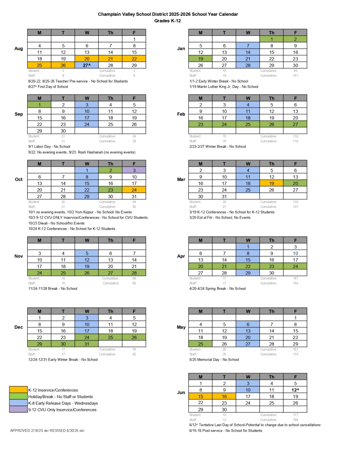 Champlain Valley School District VT Calendar 25-26 Revised [pdf] - EduCounty