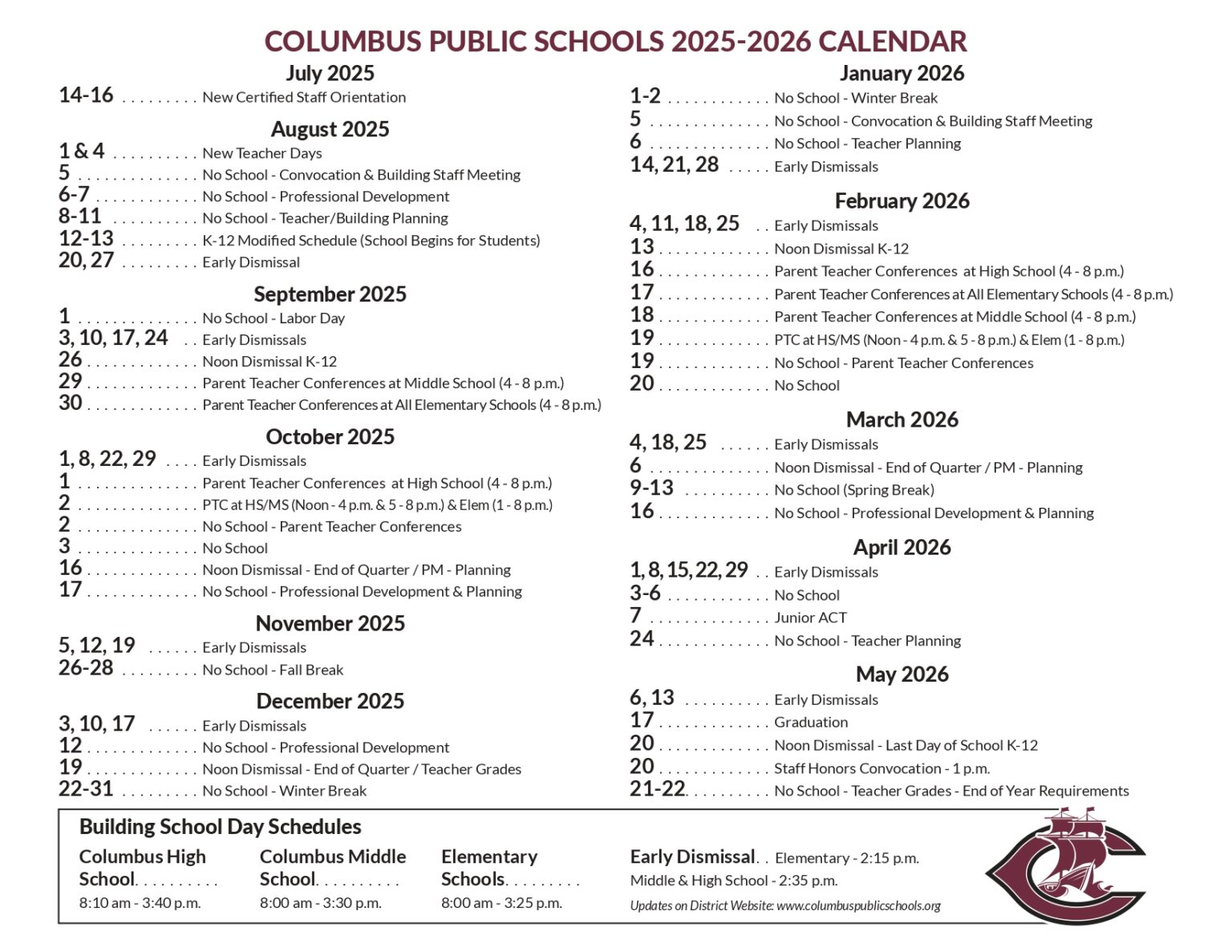 Columbus Public Schools NE Calendar 25-26 Revised [pdf] - EduCounty