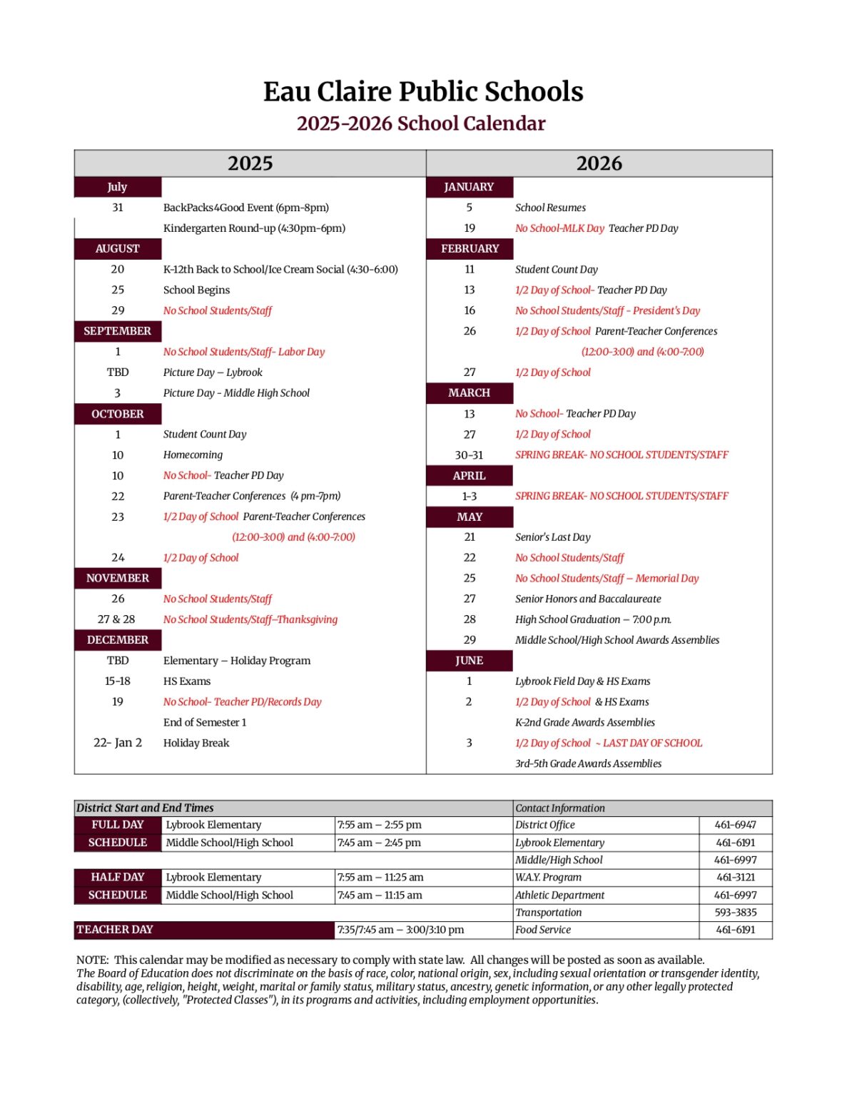 Eau Claire Public Schools MI Calendar 25-26 Revised [pdf] - EduCounty