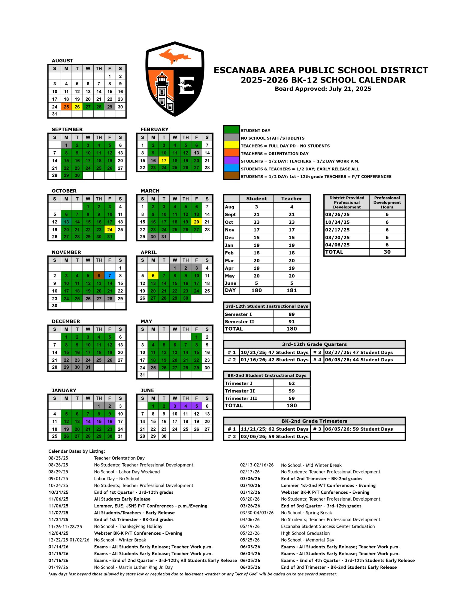 Escanaba Area Public Schools MI Calendar 25-26 Revised pdf - EduCounty