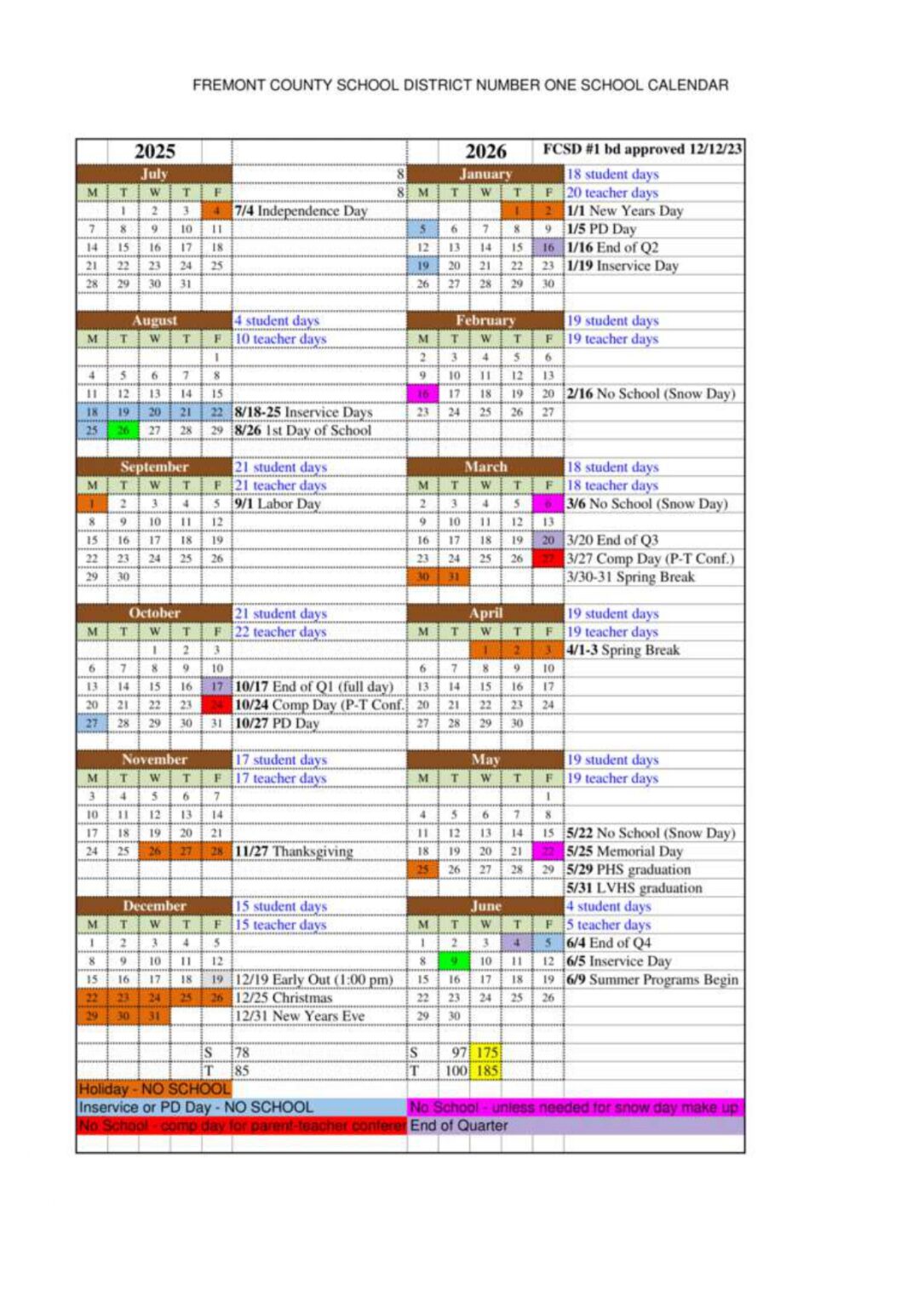 Fremont County School District #1 Calendar 25-26 Revised [pdf] - EduCounty