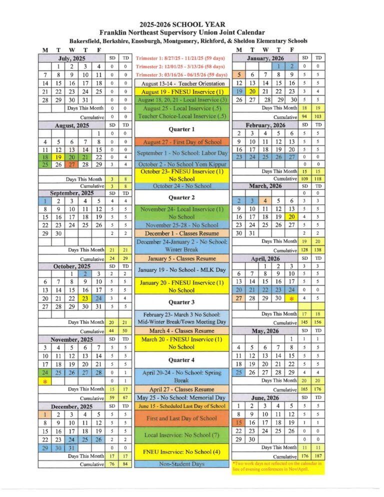 Franklin Northeast Supervisory Union Joint Calendar VT [25-26] - EduCounty