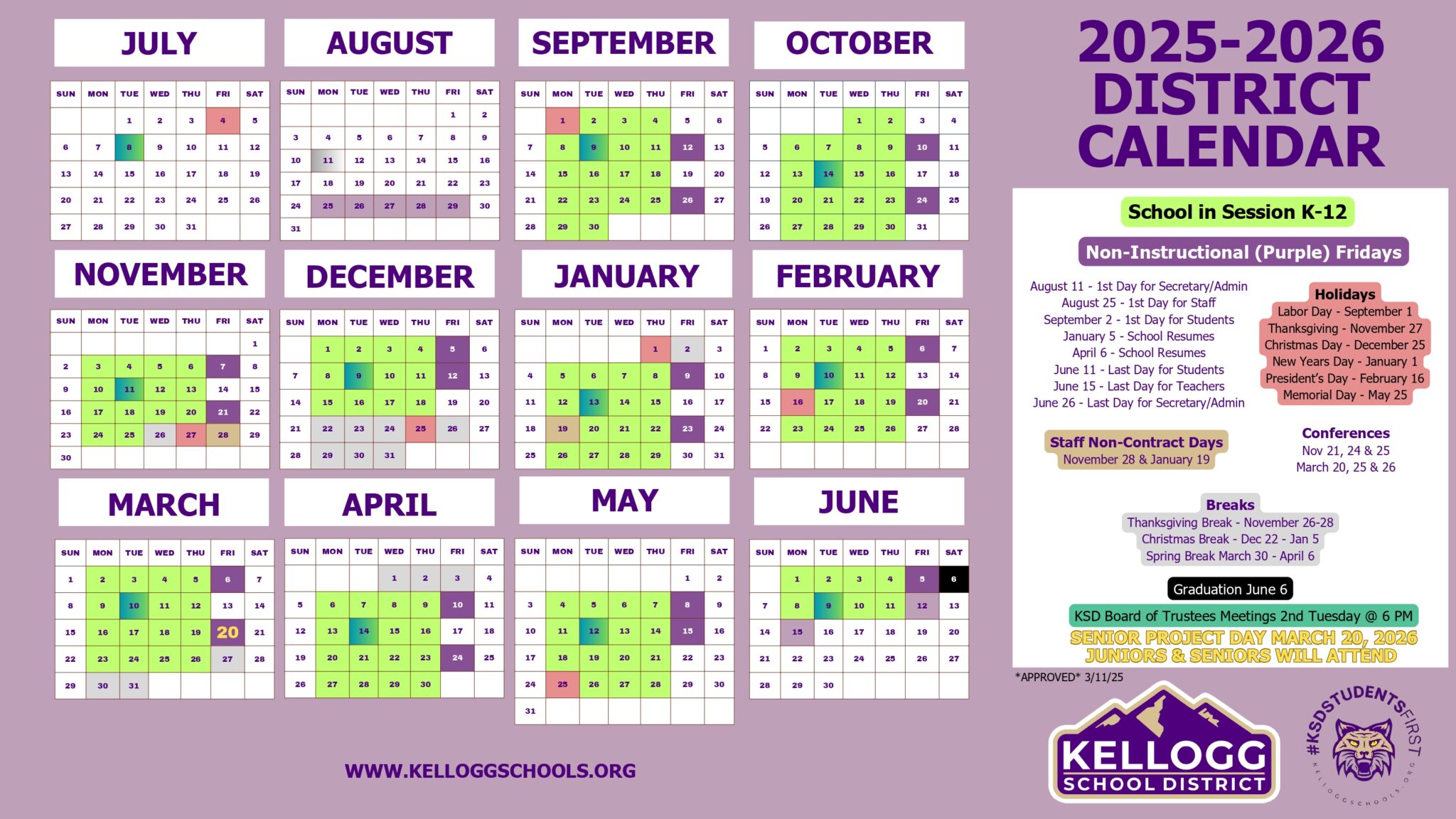 Kellogg Joint School District ID Calendar 25 -26 Revised [pdf] - EduCounty