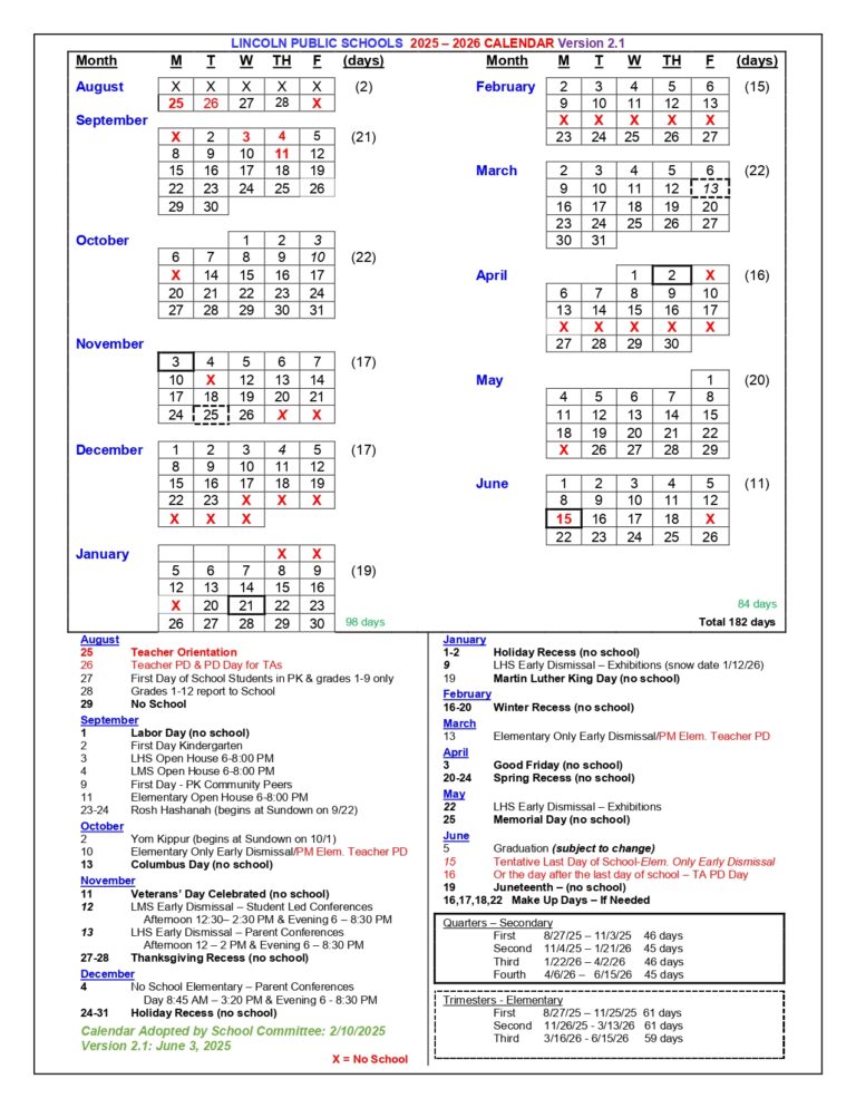 Lincoln Public School District RI Calendar 25-26 Revised [pdf] - EduCounty