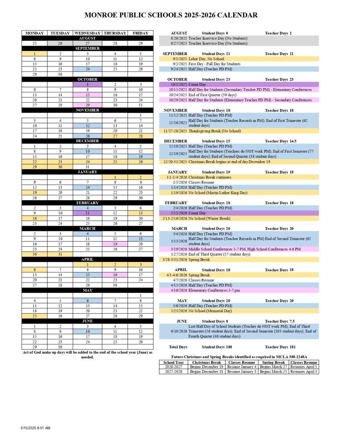 Monroe Public Schools MI Calendar 25-26 Revised pdf - EduCounty