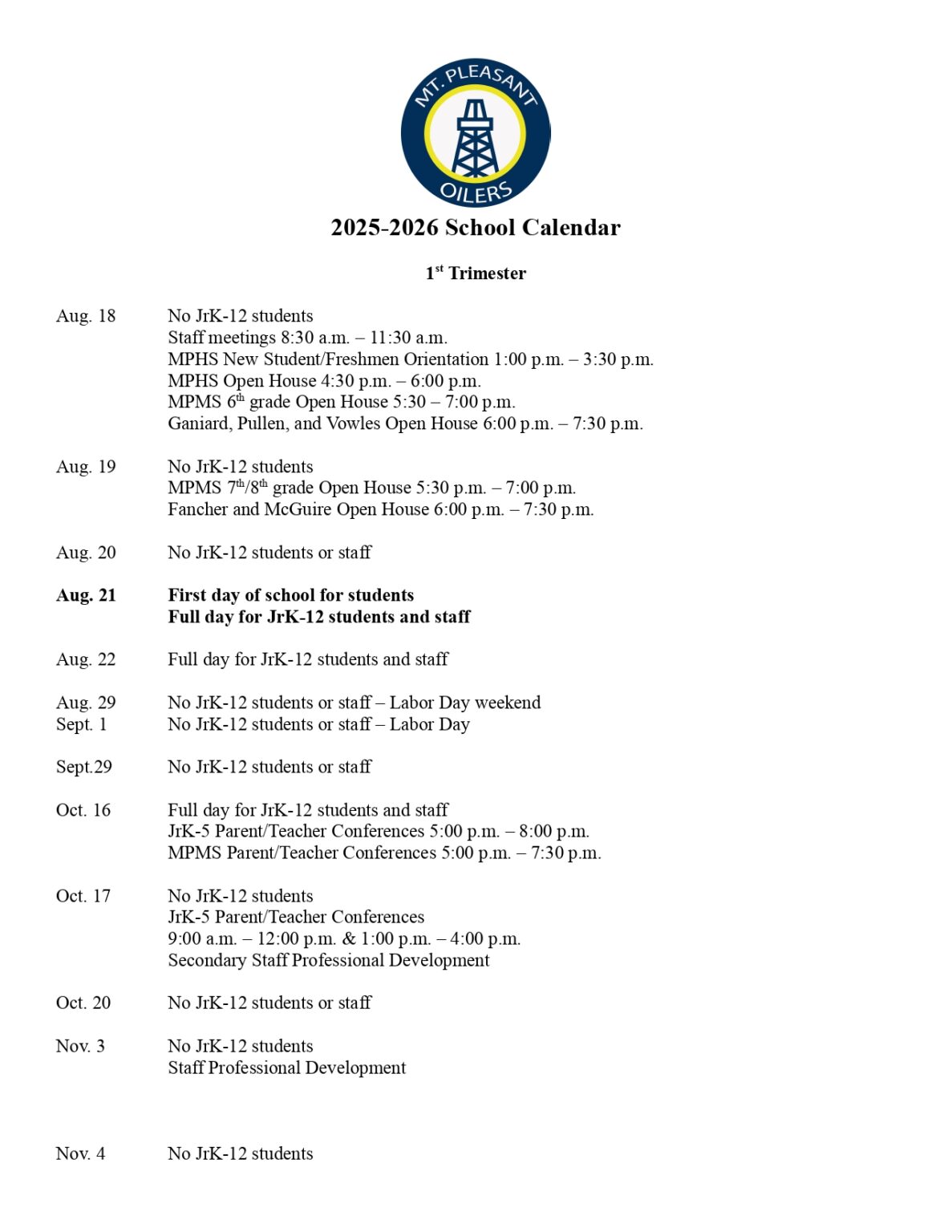Mount Pleasant Public Schools MI Calendar 25-26 Revised pdf - EduCounty
