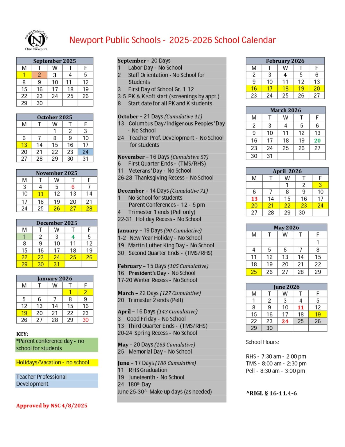Newport Public Schools RI Calendar 25-26 Revised [pdf] - EduCounty