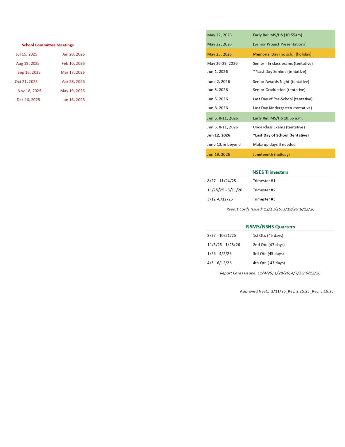 North Smithfield Public Schools ri Calendar 25-26 Revised [pdf] - EduCounty