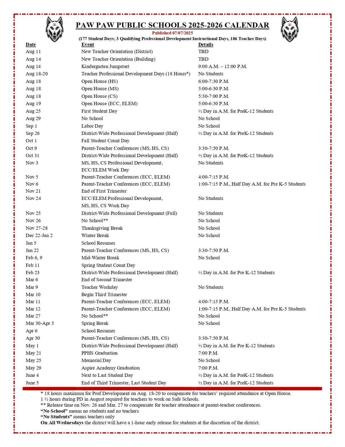 Paw Paw Public School District MI Calendar 25-26 Revised pdf - EduCounty