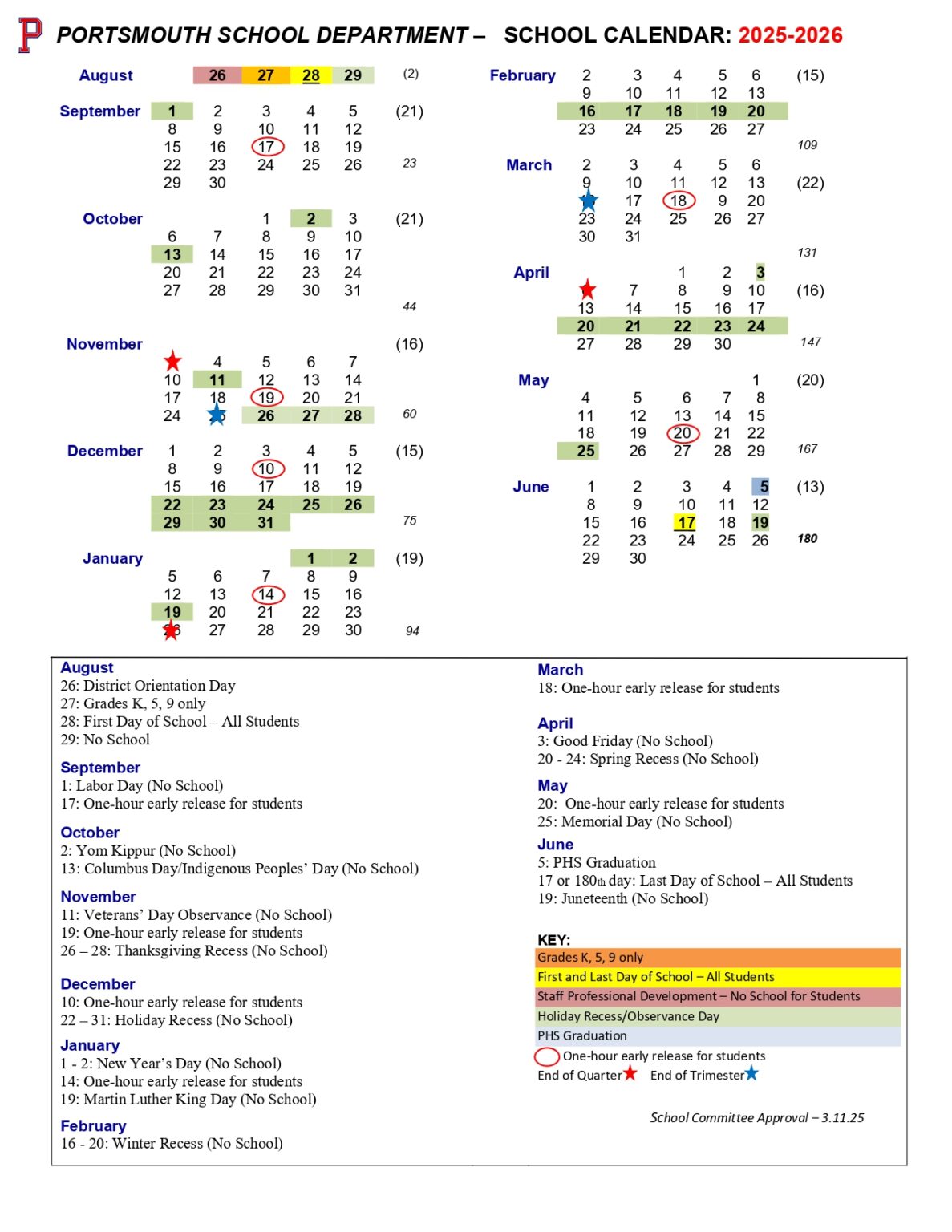 PORTSMOUTH SCHOOL DEPARTMENT RI Calendar 25-26 Revised [pdf] - EduCounty