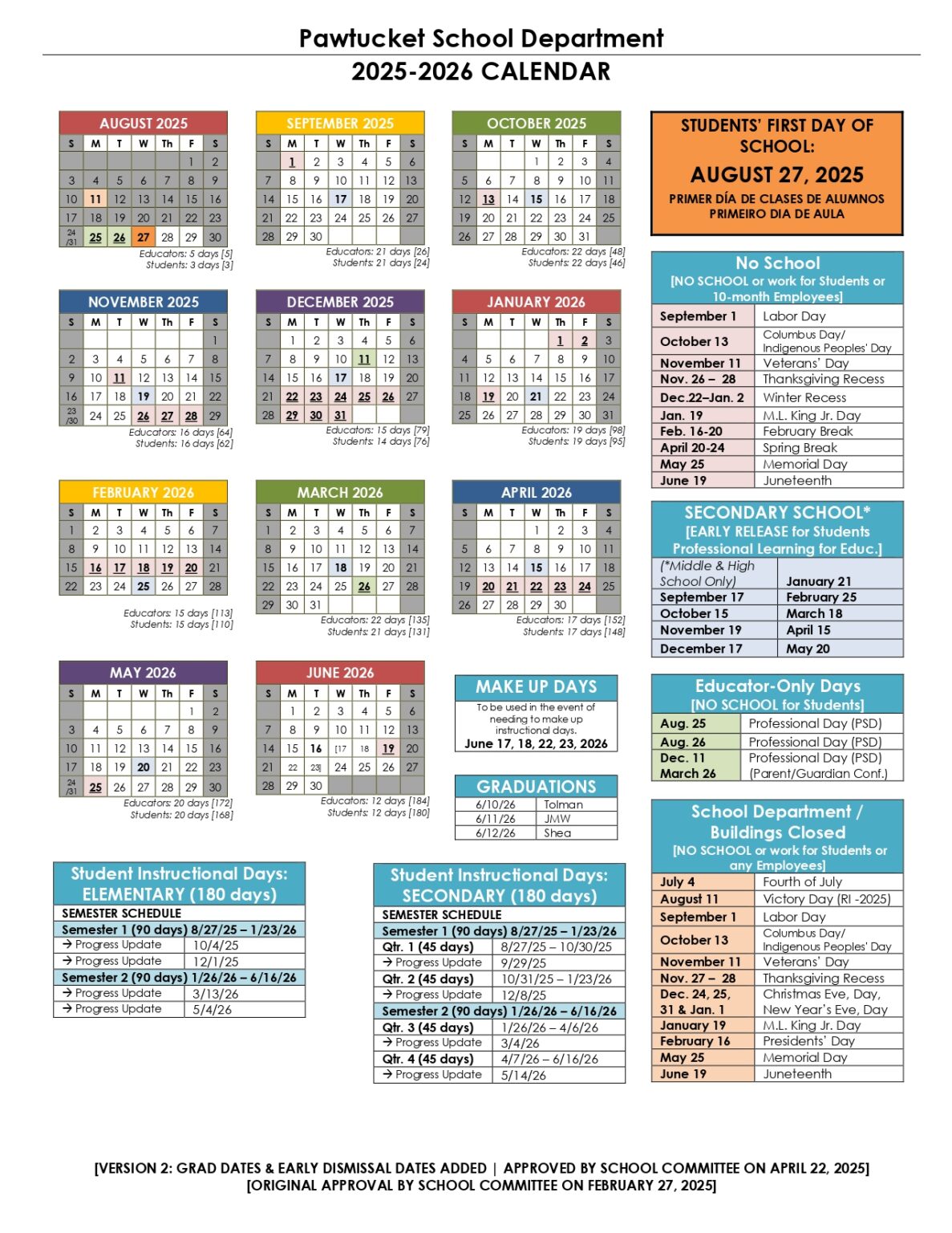 Pawtucket School Department RI Calendar 25-26 Revised [pdf] - EduCounty